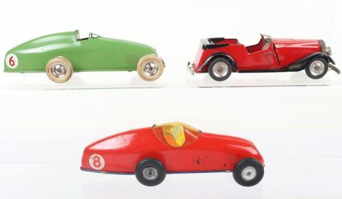 Tri-ang Minic 17M Vauxhall tourer and two Racing cars
