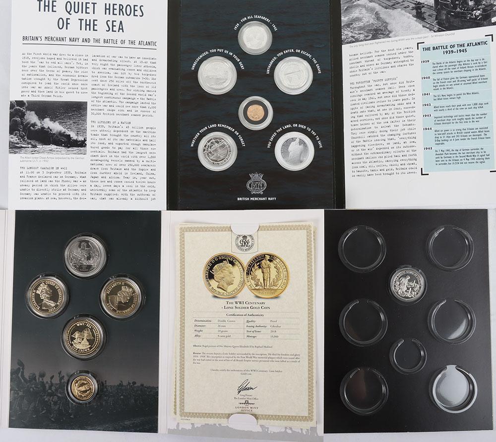 Commemorative sets including 22ct Battle of Atlantic Half Sovereign (3 ...