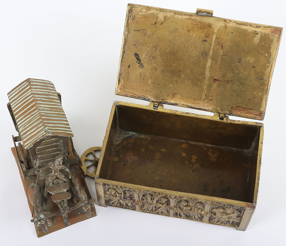 A 19th century European brass embossed box, showing religious scenes, 15cmW