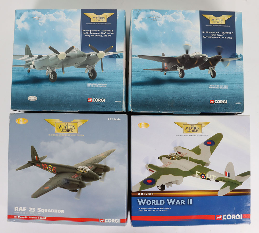 Four Corgi Aviation Archive DH Mosquito Aircraft 1:72nd Scale Models