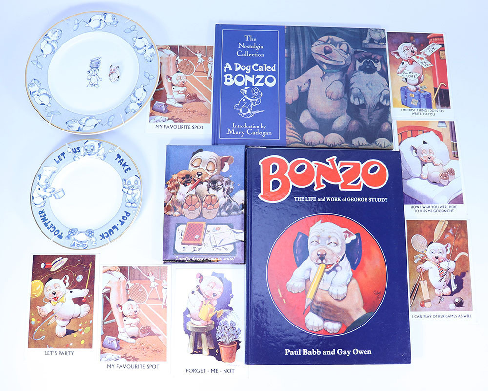 Collection of Bonzo books, postcards and more,