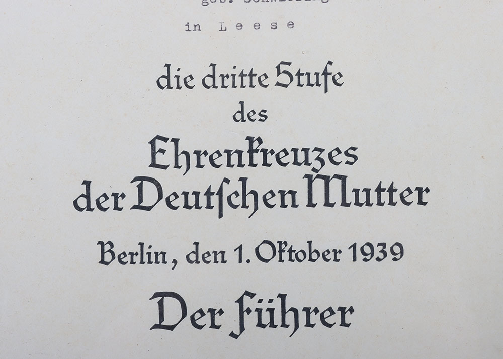 Third Reich Mothers Cross in Gold with Award Certificate to Frau Marie ...