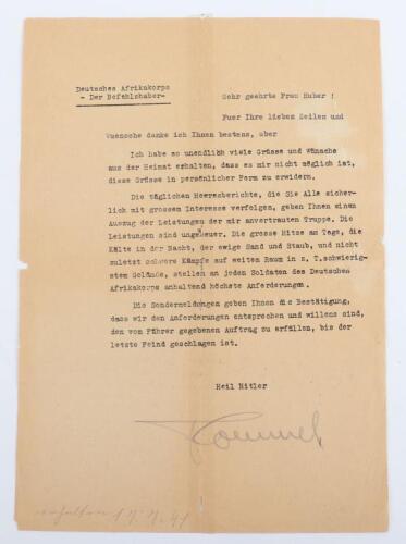 Feldmarschall Erwin Rommel Signed Letter